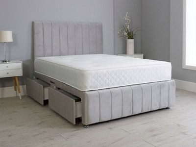 3FT Single Ibex Silver Plush Divan Bed Set 2 Drawers Left Side