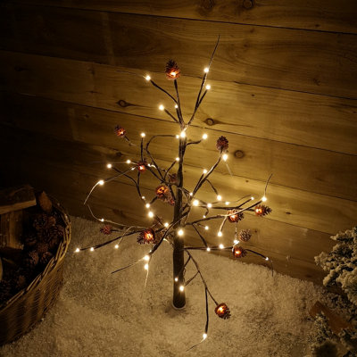 3ft Snowy Brown Twig Outdoor Christmas Tree with Pine Cones & 64 Warm ...