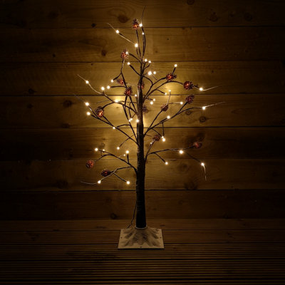 3ft Snowy Brown Twig Outdoor Christmas Tree with Pine Cones & 64 Warm ...