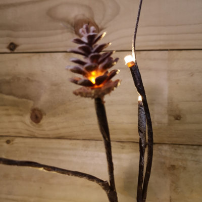 3ft Snowy Brown Twig Outdoor Christmas Tree with Pine Cones & 64 Warm ...