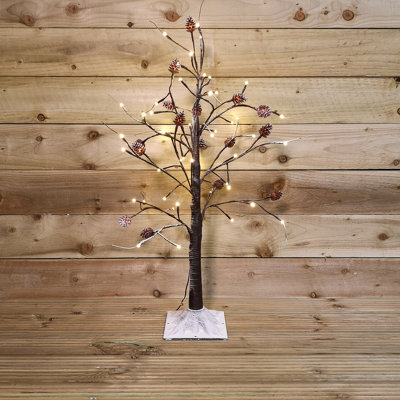 3ft Snowy Brown Twig Outdoor Christmas Tree with Pine Cones & 64 Warm ...