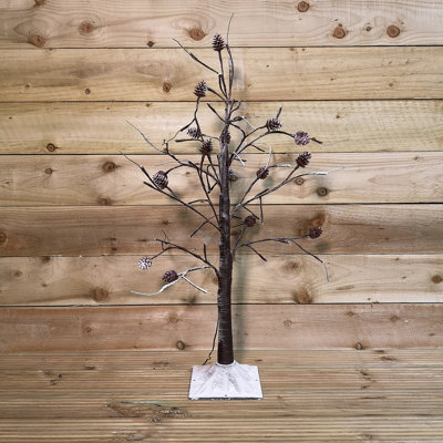 3ft Snowy Brown Twig Outdoor Christmas Tree with Pine Cones & 64 Warm ...