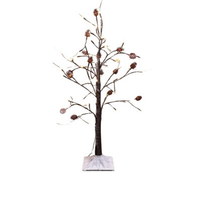 3ft Snowy Brown Twig Outdoor Christmas Tree with Pine Cones & 64 Warm ...
