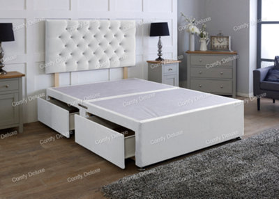 3FT White Plush Single Divan Bed Base With Headboard 2 Drawers Same Side