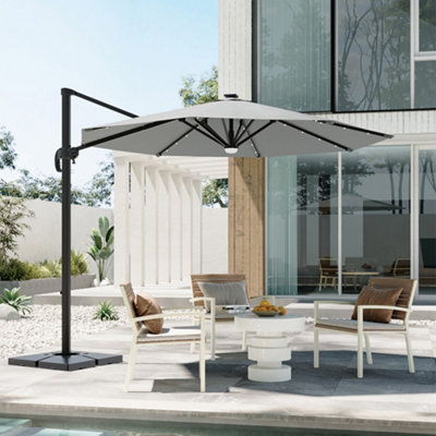 3M Grey Round Cantilever Parasol with Solar Light and Parasol Base