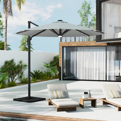 3M Light Grey Canopy Tilting Solar Roman Umbrella with Square Fillable Base