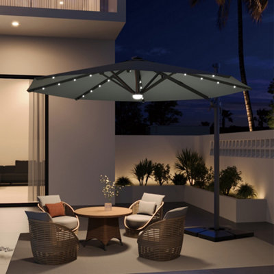 3M Round Cantilever Parasol with Solar Light and Parasol Base | DIY at B&Q