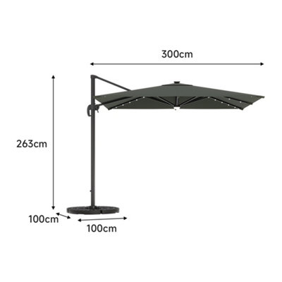 3M Square Cantilever Parasol with Solar Light and Black Parasol Base