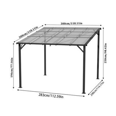 3m W x 2.5m H Metal Canopy Wall-Mounted Patio Canopy with Grey Sun Panels