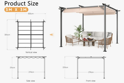 3mx3m Outdoor Retractable Pergola with Canopy for Garden Lawn Patio ...