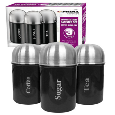 3Pc Canister Set Stainless Steel Sugar Coffee Tea Jar Lid Canisters ...