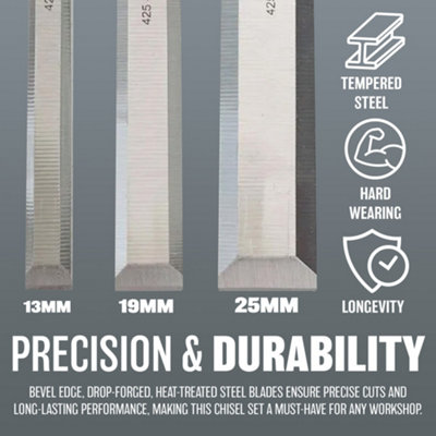 3pc Carpenters Wood Chisel Set Tools Wooden Handles Diy Workshop Carve ...