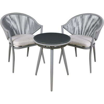 3pc Garden Bistro Set - Aluminium & Rope - Outdoor Dining Chair Round ...