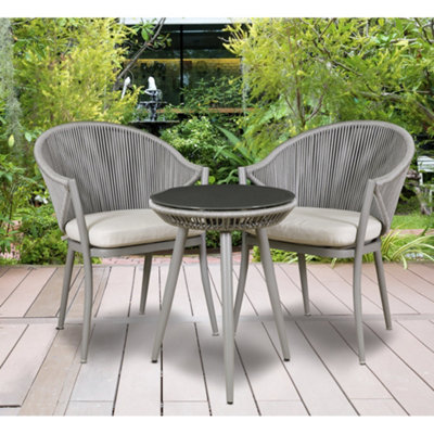 3pc Garden Bistro Set - Aluminium & Rope - Outdoor Dining Chair Round ...