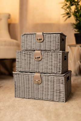 3pc Grey Wicker Basket Set with Lock
