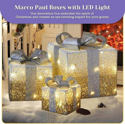 3pc LED Gift Box Decoration - Gold & White