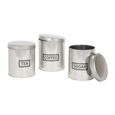 3pc Round Metal Tea Coffee Sugar Canister Set - Brushed