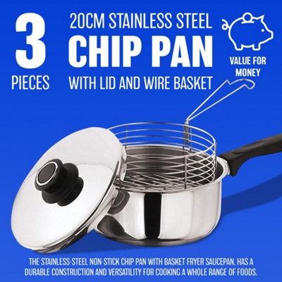 3pc Stainless Steel Chip Pan Fryer Pot With Lid & Basket 20cm ...