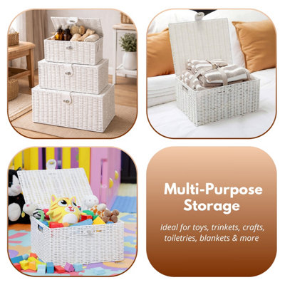 3pc White Wicker Basket Set with Lock