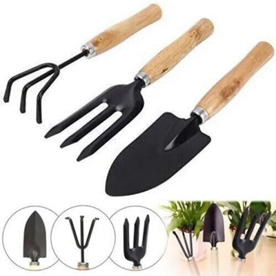 3pc Wood Wooden Gardening Garden Hand Tool Set Cultivator Fork Trowel ...