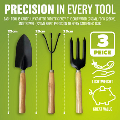3pc Wood Wooden Gardening Garden Hand Tool Set Cultivator Fork Trowel ...
