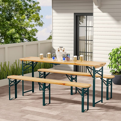 3Pcs Foldable Outdoor Patio Metal Wood Garden Table Bench Set 177cm 6 ...