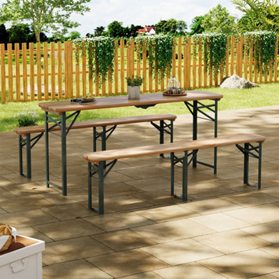 3Pcs Foldable Outdoor Patio Metal Wood Garden Table Bench Set 177cm 6 ...