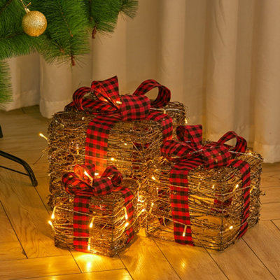 3PCS Rattan LED Light Up Christmas Gift Box Glitter Party Xmas Tree ...