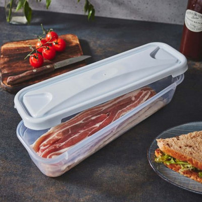 3x 1.2L Bacon Storage Box Slim Food Tub Clear White Lid Storage ...