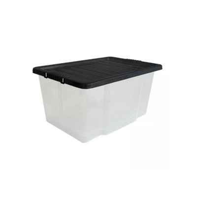 3x 50L Plastic Storage Box with Secure Black Lid Stackable Clear ...