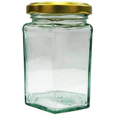 3x 7oz (190ml) Gold Twist Top Hexagonal Clear Airtight Jam Jars For Preserving Jam, Pickle ...