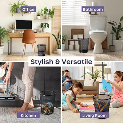 3x Black Metal Bins - 12L Mesh Waste Bin for Office, Bedroom, Living ...
