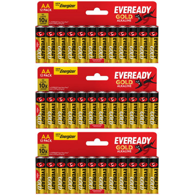 3x Eveready Gold AA Alkaline Batteries, Pack of 12 (36x Batteries in total)