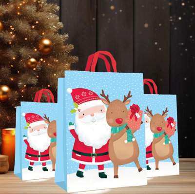3x Jumbo Christmas Gift Bag Woven Cute Santa & Reindeer Gift Sack Tote ...