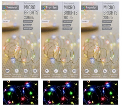 3x Premier 200 LED Battery Micro Brights Timer String Lights 10M Multi ...