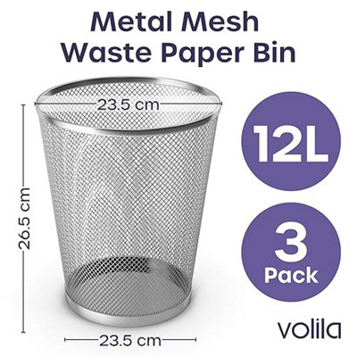 3x Silver Metal Bins - 12L Mesh Waste Bin for Office, Bedroom, Living ...