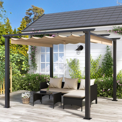 3x3M Metal Pergola with Retractable Roof Garden Pergola with Sun Shade Canopy Beige