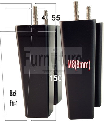 4 Black Solid Wood Furniture Legs Square Settee Feet 150mm High Sofa ...