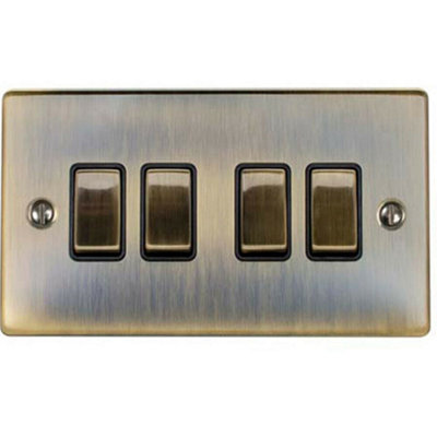 4 Gang Quad Light Switch ANTIQUE BRASS 2 Way 10A Black Trim & Metal ...