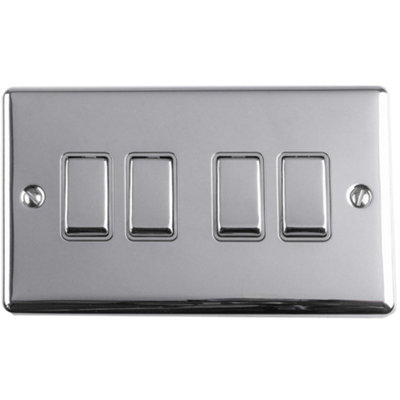 4 Gang Quad Light Switch POLISHED CHROME 2 Way 10A GREY Trim & Metal ...