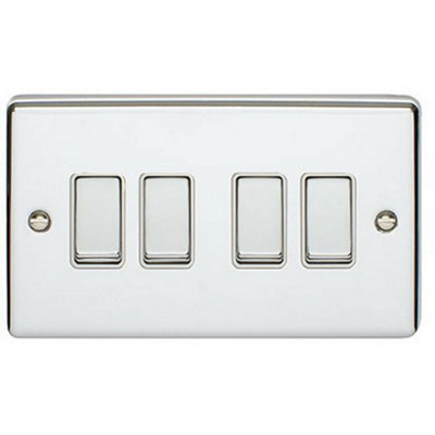 4 Gang Quad Light Switch POLISHED CHROME 2 Way 10A White Trim & Metal ...