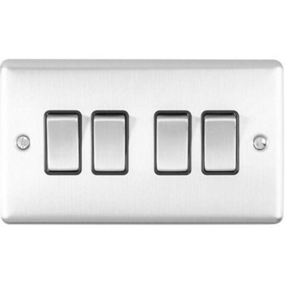 4 Gang Quad Light Switch SATIN STEEL 2 Way 10A Black Trim & Metal ...