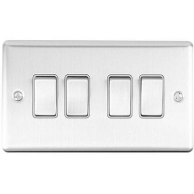 4 Gang Quad Light Switch SATIN STEEL 2 Way 10A Grey Trim & Metal Rocker ...