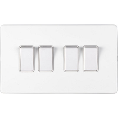 4 Gang Quad Light Switch SCREWLESS MATT WHITE 2 Way 10A Metal Rocker ...