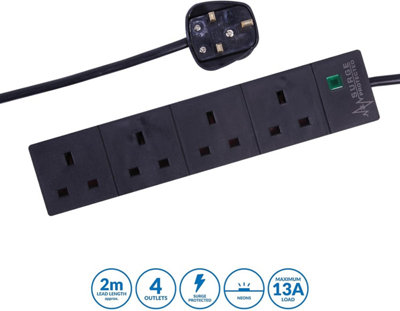 4 Gang Surge Protected Mains Extension Lead, Black, 2m
