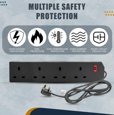 4 Gang Surge Protected Mains Extension Lead, Black, 2m