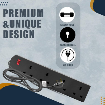 4 Gang Surge Protected Mains Extension Lead, Black, 2m