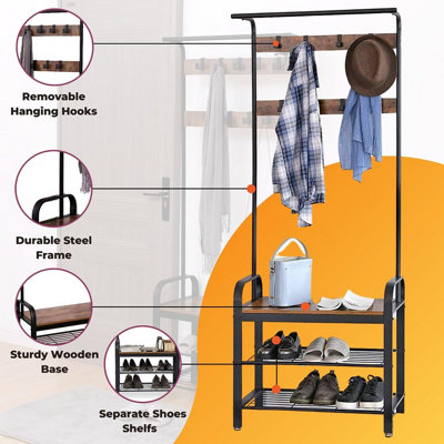 4-in-1 Coat Rack & Shoe Storage Bench - 13.2x33x72", Rustic Brown and ...