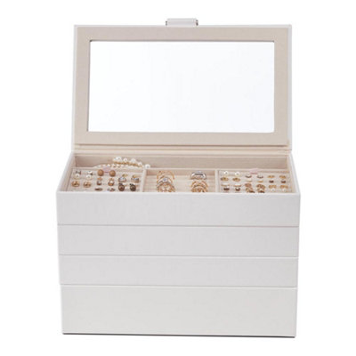 4-Layer Elegant White Faux Leather Stackable Storage Jewellery Box with ...