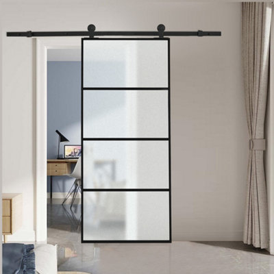 4 Lite Panel Modern Black Glass and Aluminum Sliding Barn Door Internal ...